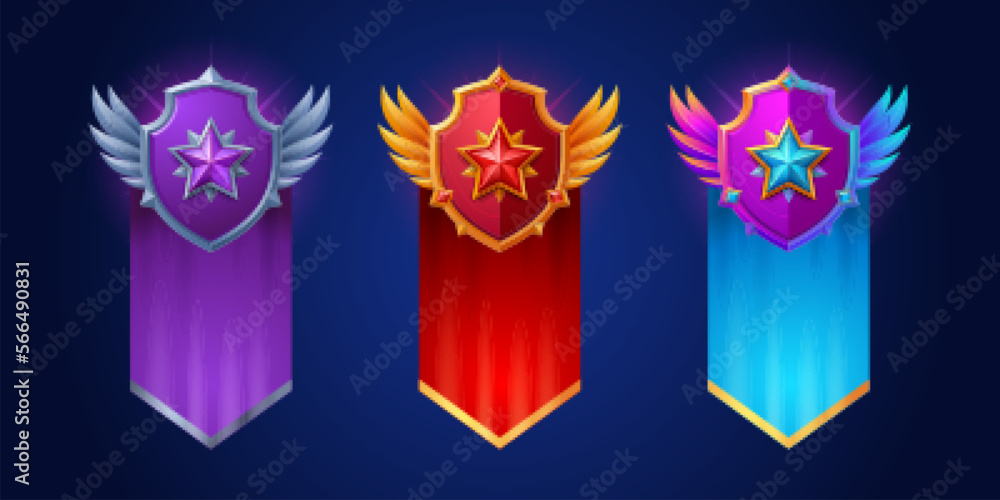 Set of military game rank badges isolated on background. Vector cartoon ...