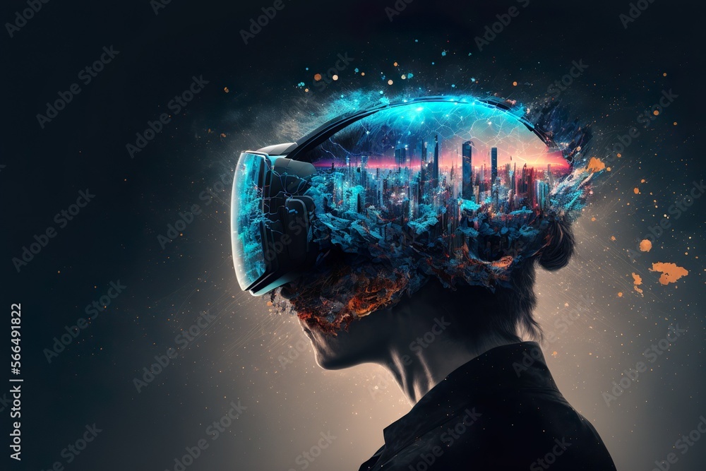 vr headset, double exposure, metaverse, futuristic virtual world, state ...