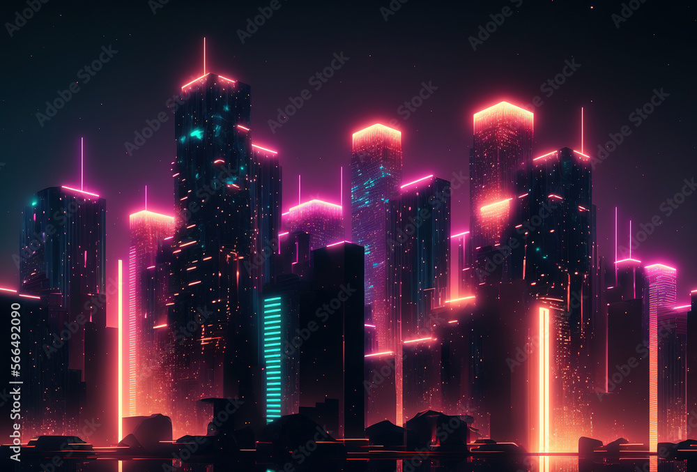 A futuristic night city in the distance glowing with neon light ...