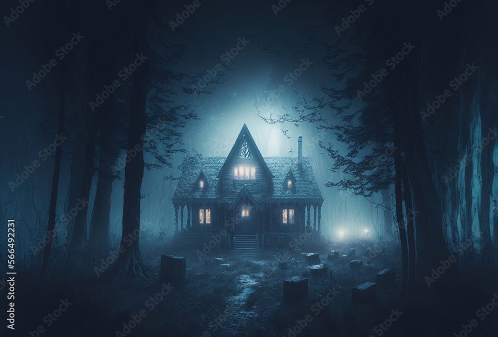 Dwelling of a witch, a sorcerer. Scary old haunted house in the woods ...