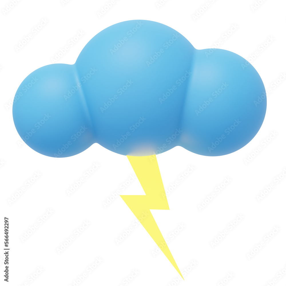 Blue cartoon cloud with lightning. 3D rendering. PNG icon on ...