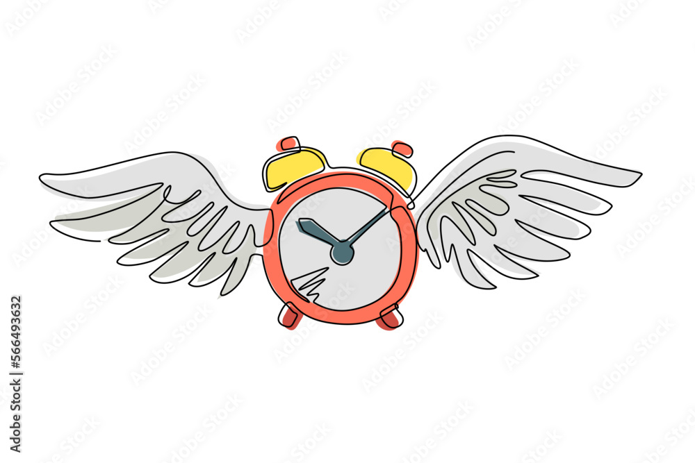 Single continuous line drawing time flies concept. Table alarm clock ...