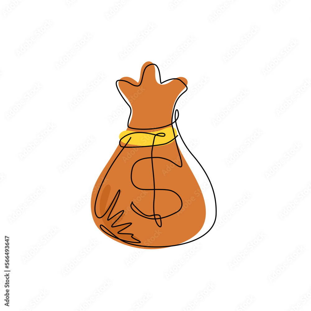 Continuous one line drawing money bag vector icon, money bag flat ...