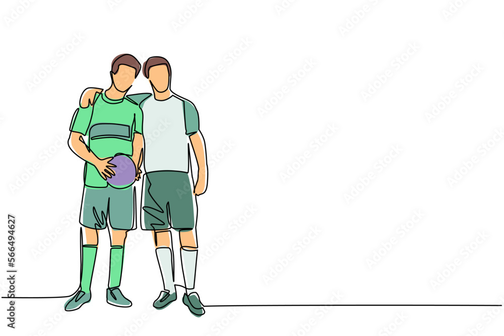 Continuous one line drawing two soccer players embrace each other. Two ...