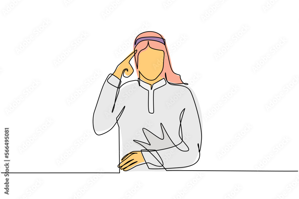 Single continuous line drawing Arabic man touching his temples and ... Single continuous line drawing Arabic man touching his temples and ...