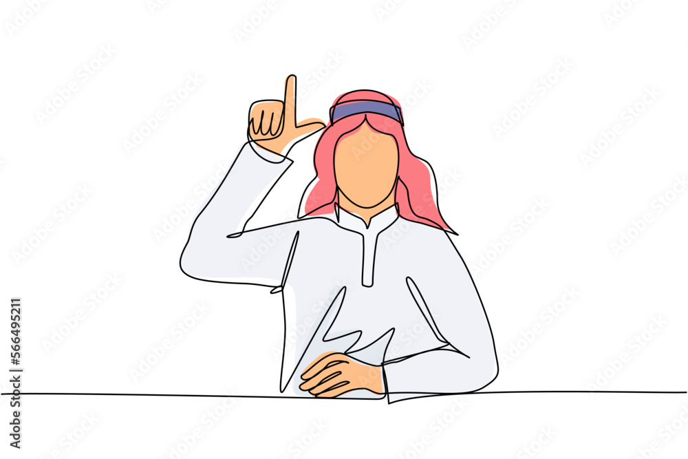 Single one line drawing unhappy Arabian man showing loser sign on ...