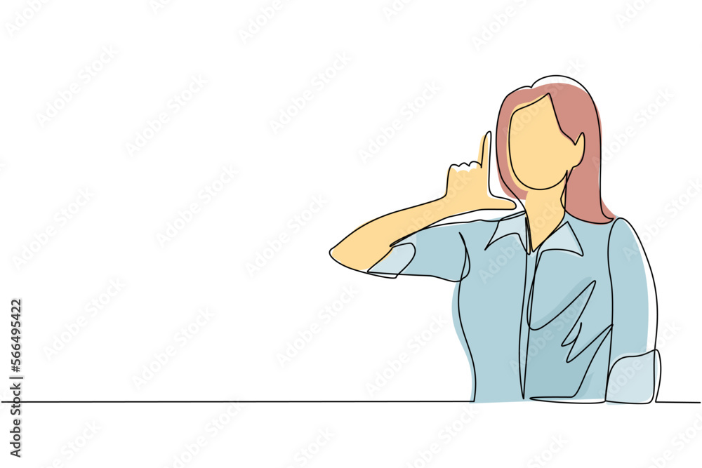 Single one line drawing unhappy woman showing loser sign on forehead ...