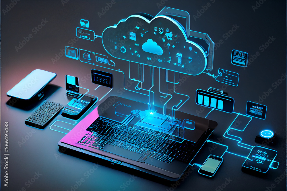 Cloud technology, computing. Devices connected to digital storage in ...