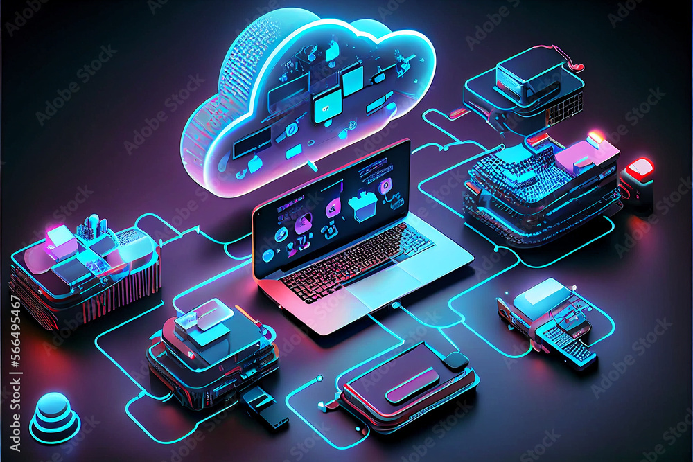 Cloud technology. Cloud computing. Devices connected to digital storage ...
