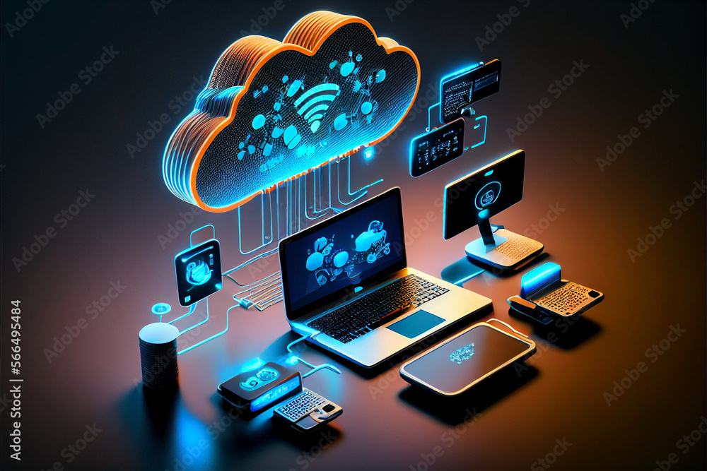 Cloud technology. Cloud computing. Devices connected to digital storage ...