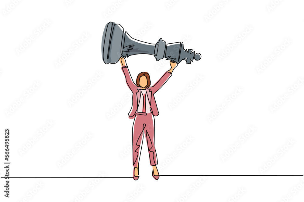 Continuous one line drawing cute businesswoman holding, lifting king ...
