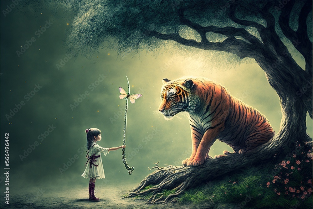 little girl with a magic spear standing near her tiger on a big tree ...