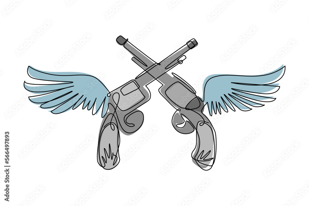 Single continuous line drawing two cowboy revolver guns with wings icon ...