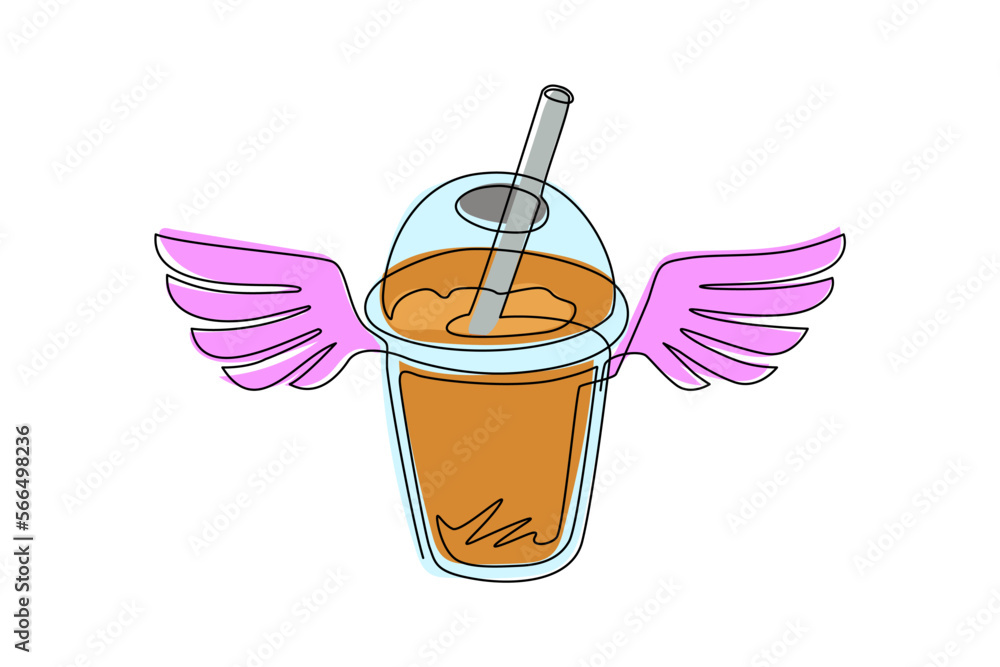 Single one line drawing bubble boba tea drink with wings. Food in ...