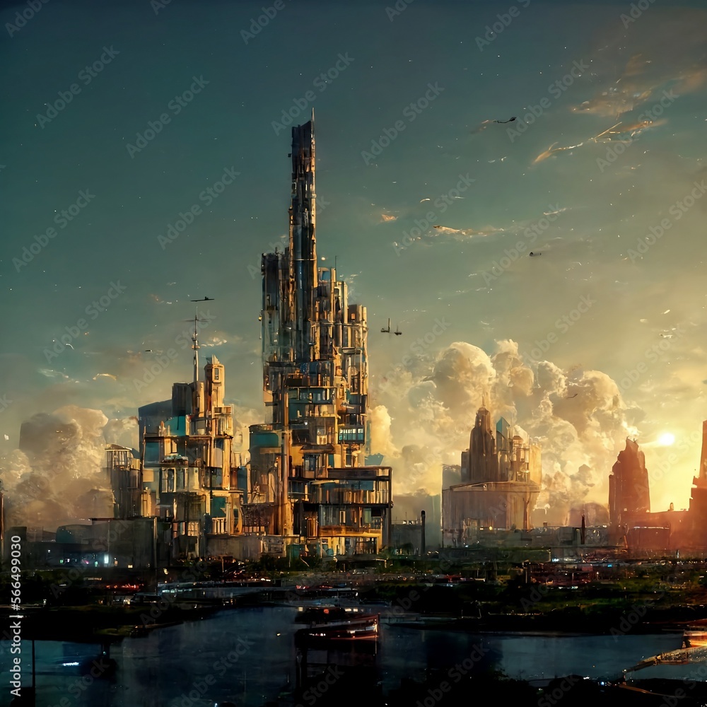 Future city skyline 3D scene. Futuristic cityscape creative concept ...