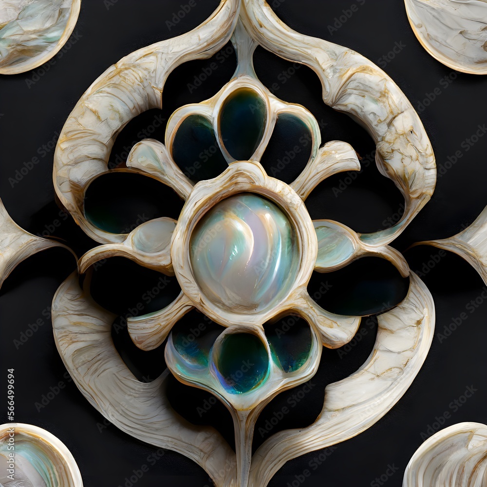 repeating pattern black background small carved ivory rosettes onyx ...