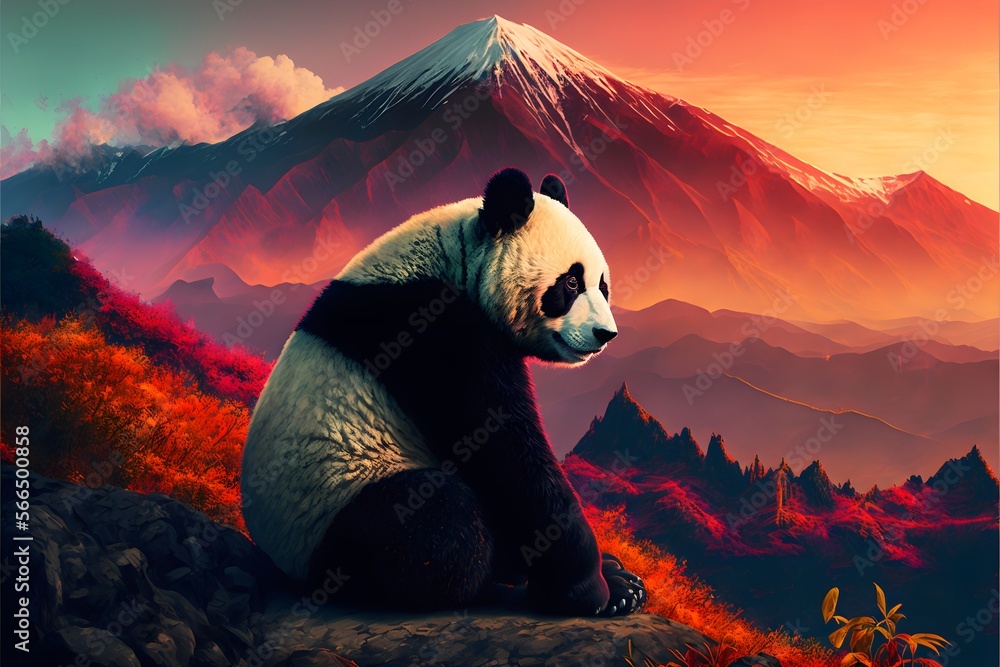 calming hyper realistic soft panda perched a top of a mountain peak ...