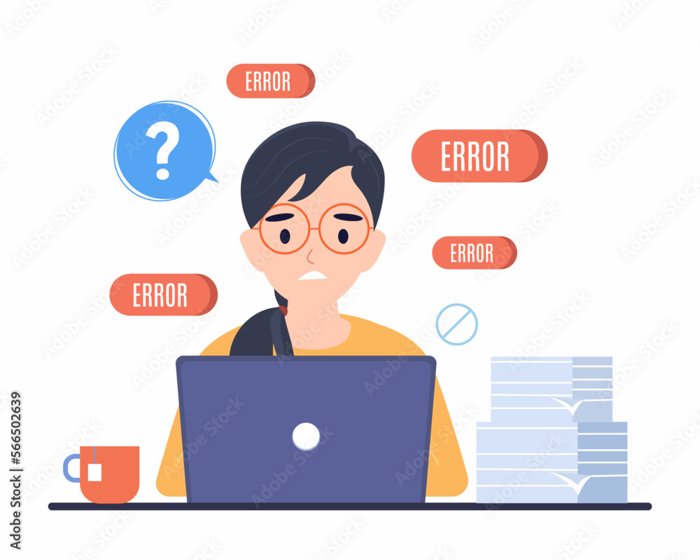 Vecteur Stock Developer sitting in front of laptop computer screen with error, Programmer with ...