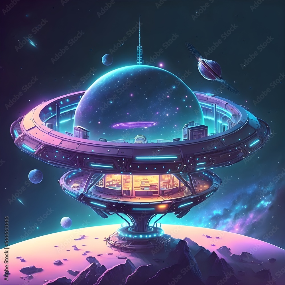 An intergalactic station, a disk-shaped space platform with a view of ...