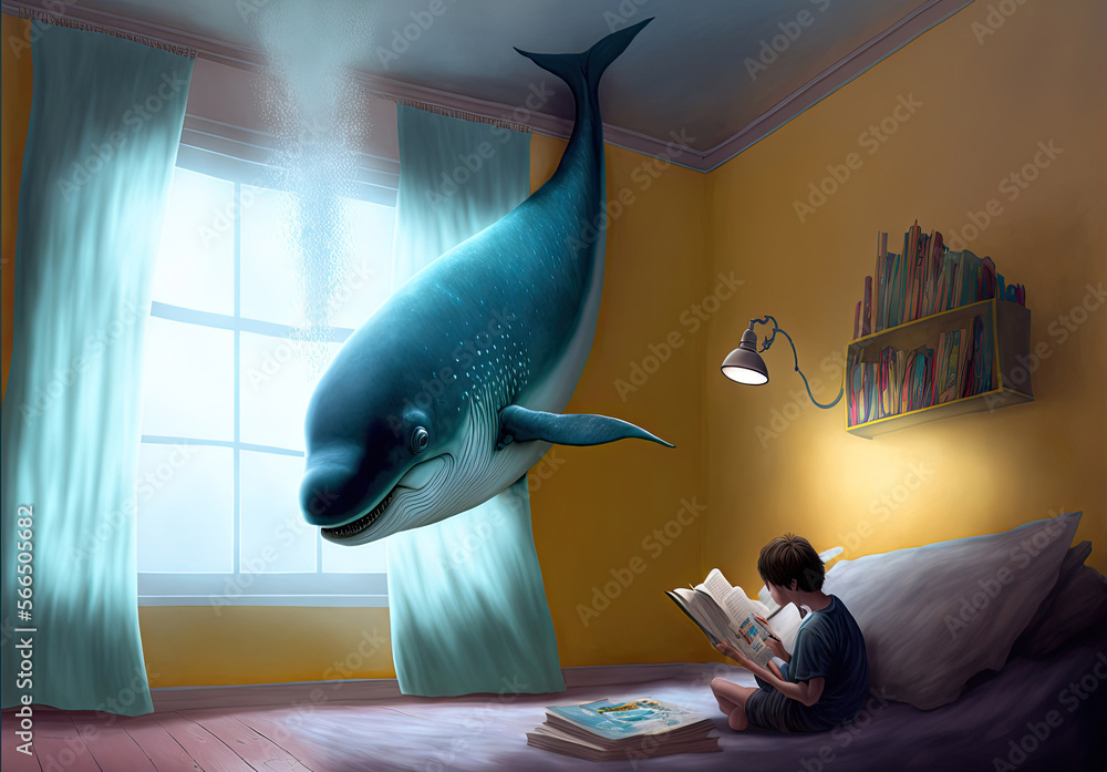 AI-generated image of a child imagining a whale entering his room while ...