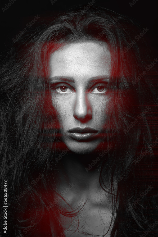 Sci-fi and fashion concept. Studio portrait of beautiful woman in red ...