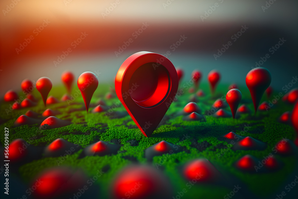 Red mark on the map and many other marks on the green map of the area ...