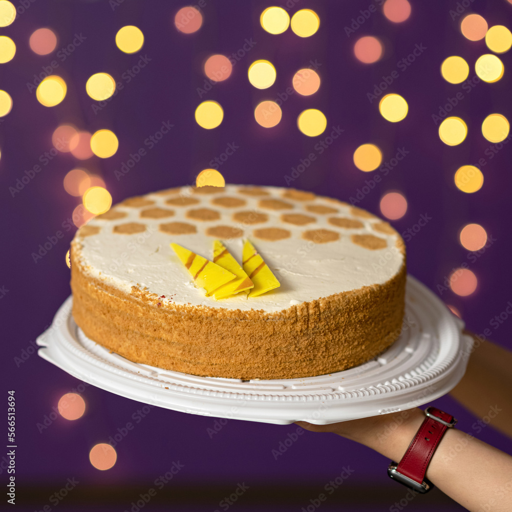 Honey cake honey cake. A whole cake on a substrate in your hands ...