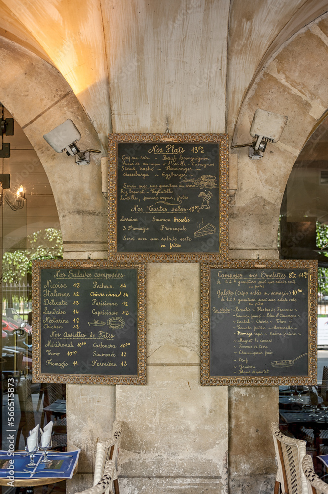 PARIS, FRANCE - MAY 06, 2011: Restaurant Menu Boards at the Place des ...