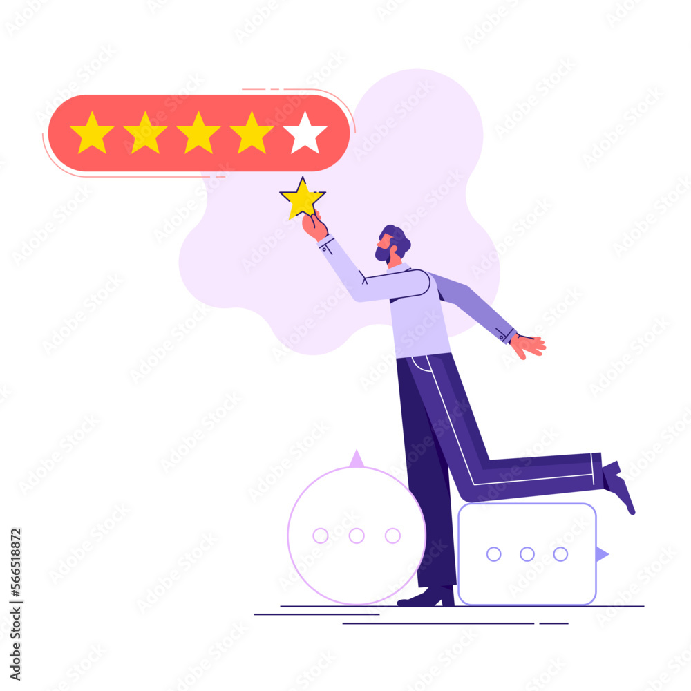 Consumer review and 5 stars rating. Flat vector illustration of man ...