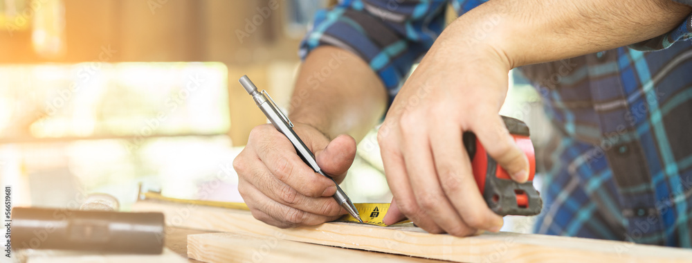 Carpentry professional, hand of asian young man, male carpenter use ...