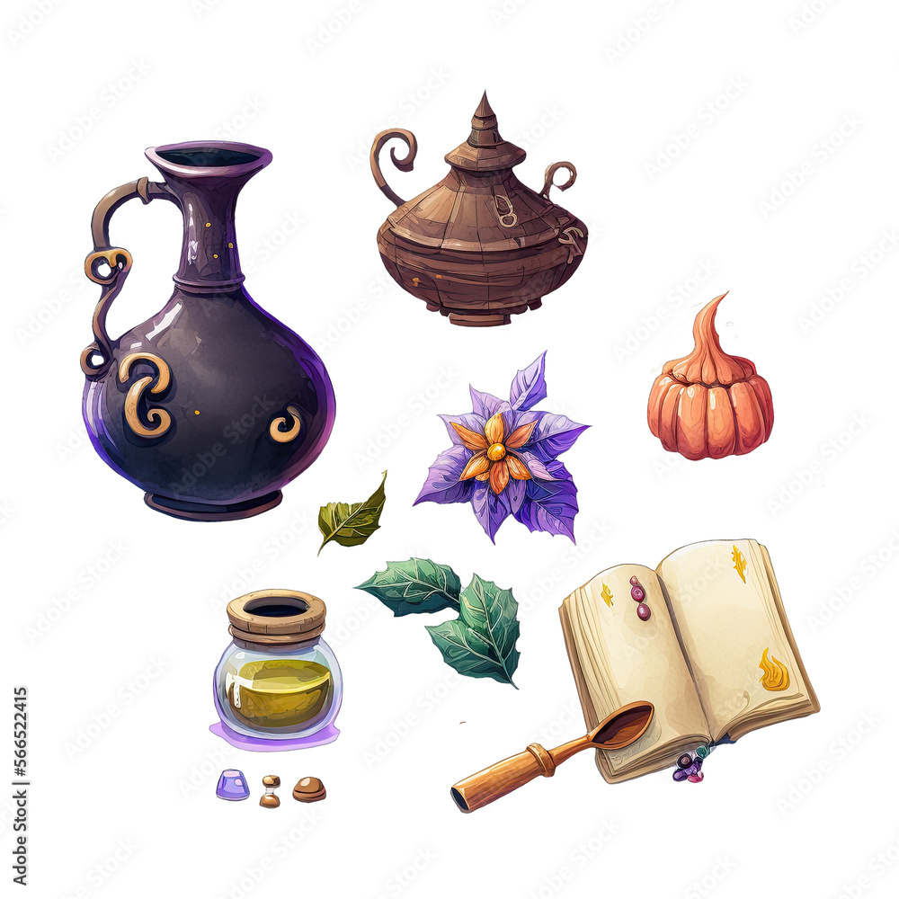 Potions, flower, spell book a wizard and witch themed game relics on a ...