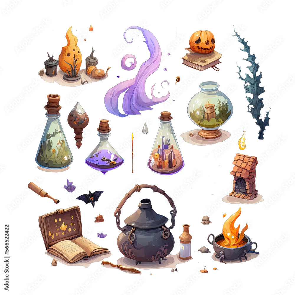 Game relics potions, bonfire a wizard and witch themed on a transparent ...