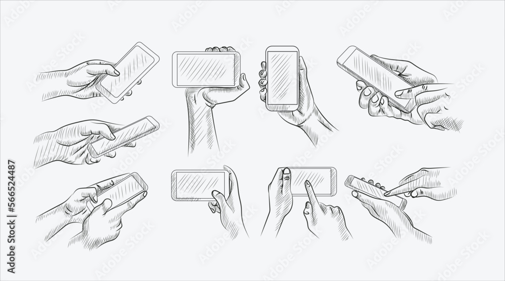 Hand-drawn sketch of smartphone gestures set. The set includes hands ...