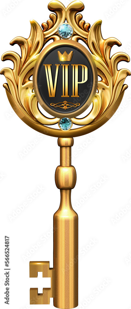 3D illustration of a vintage golden skeleton key, with a unique shape ...