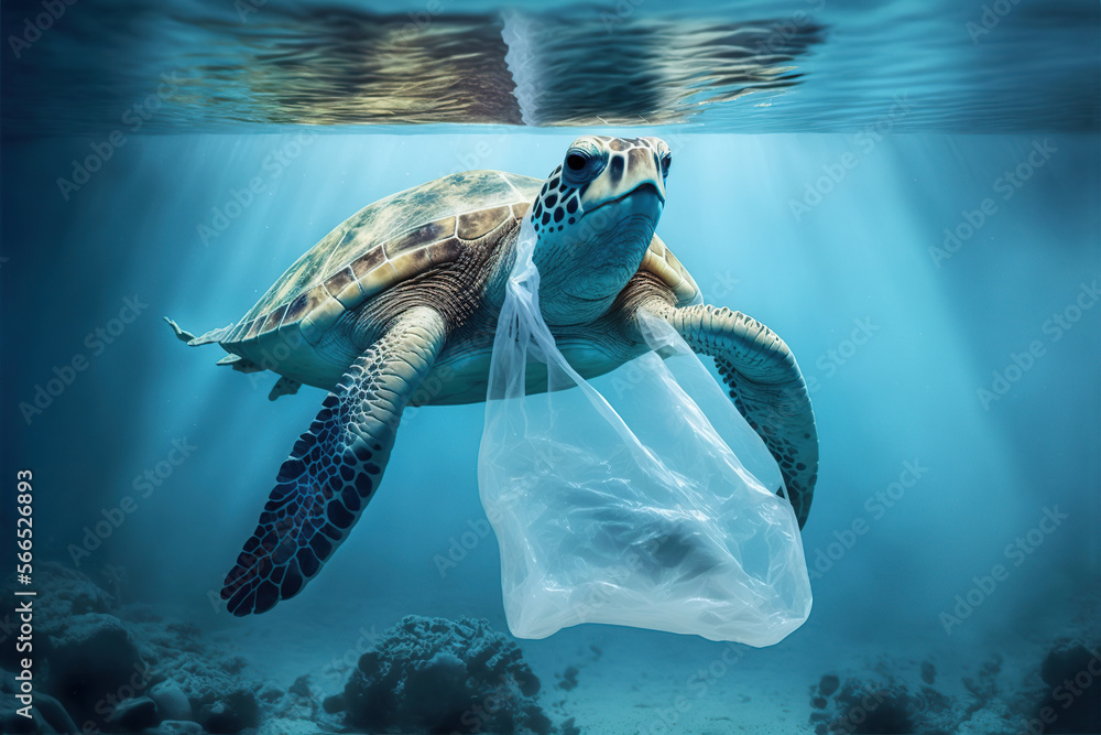 Sea Turtle entangled in a plastic bag. Generative AI illustration. 素材庫 ...