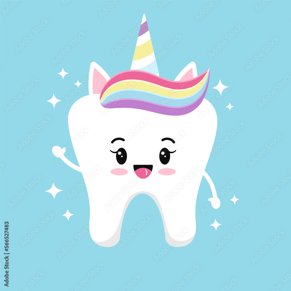 Cute tooth unicorn emoji girl with rainbow paste and horn on head and ...