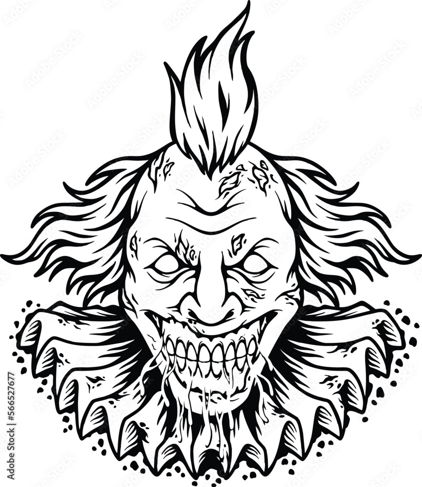 Scary evil clown head cartoon logo monochrome vector illustrations for ...