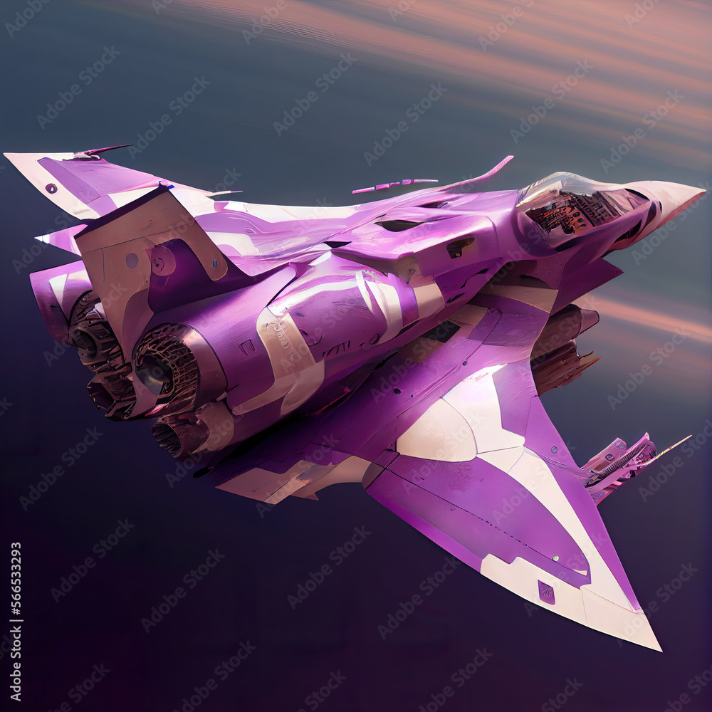 Oblique view of a purple jet above the sky.Character Design. Concept ...