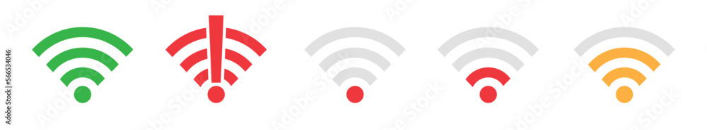 Wireless icon set. No wifi. Different levels of Wi Fi signal. Vector illustration on white ...