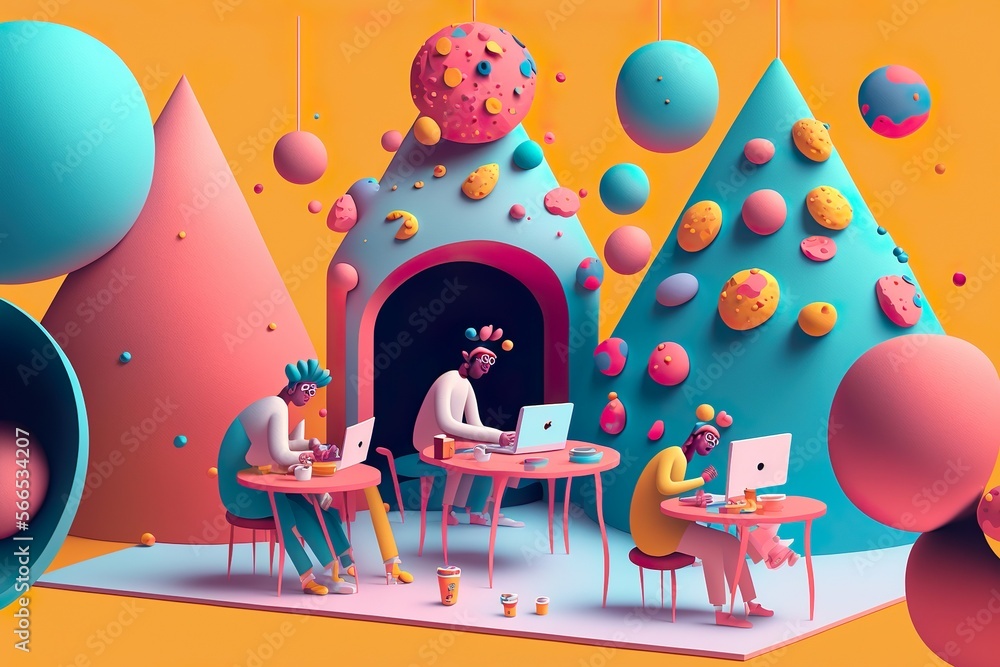 Simple 3d illustration in surrreal style of BIPOC people working on ...
