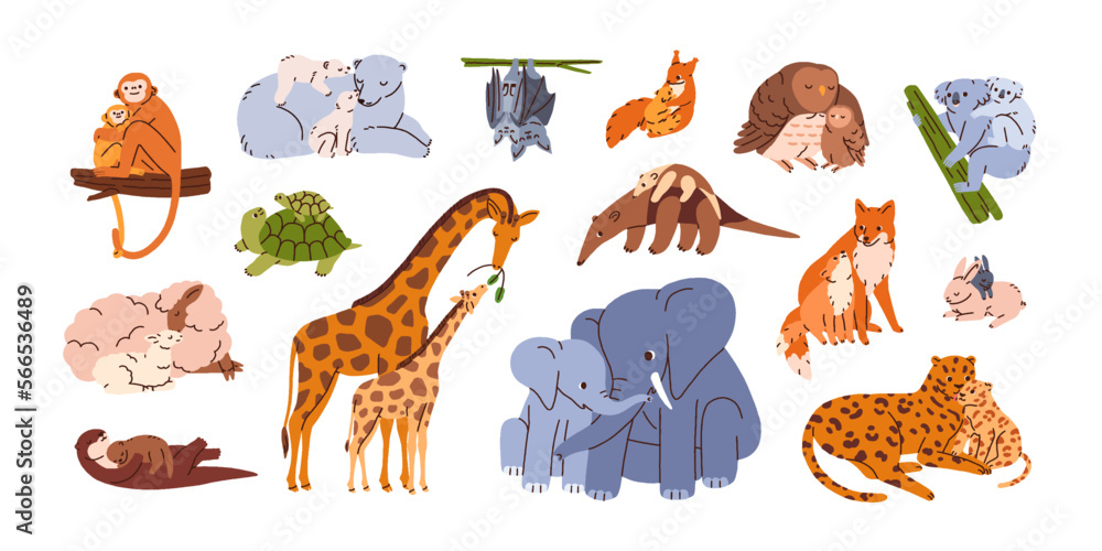 Cute mothers and babies animals set. Wild mom and cub. Mammals families ...