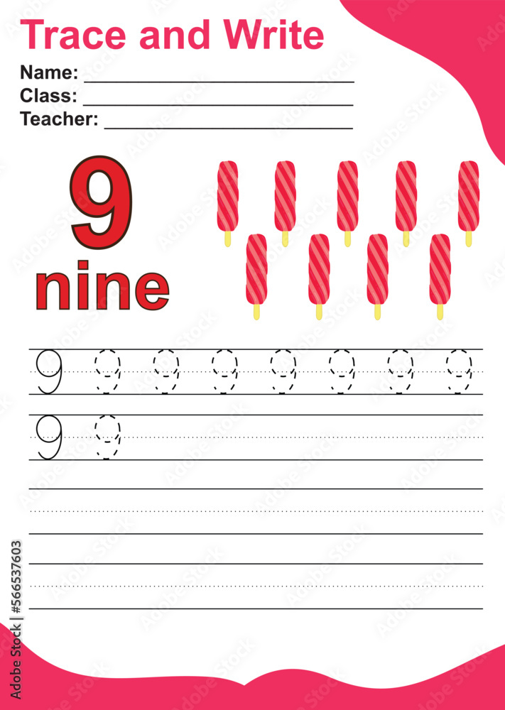 Number nine tracing practice worksheet with nine popsicle ice cream for ...