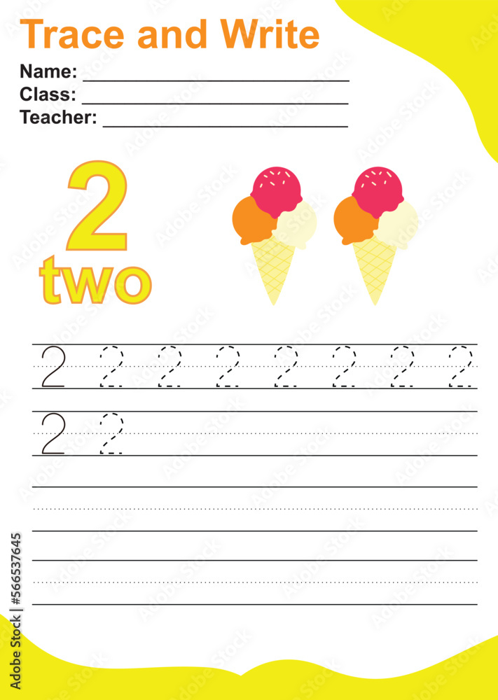 Number two tracing practice worksheet with two ice cream cone for kids ...