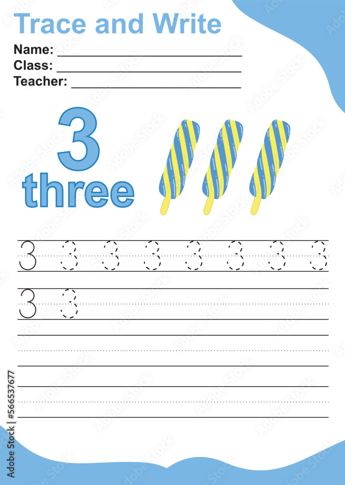 Number three tracing practice worksheet with three popsicle ice cream ...