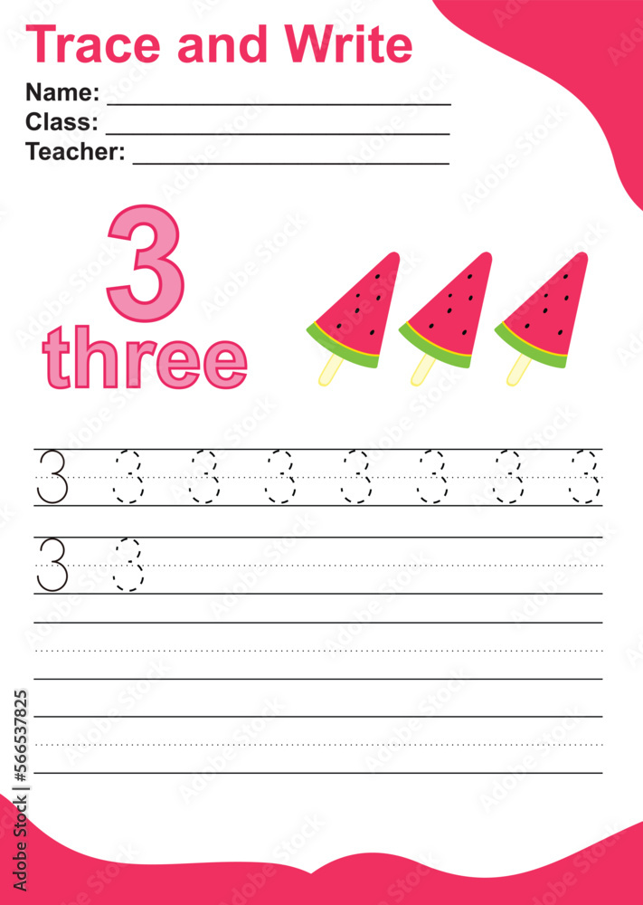 Number three tracing practice worksheet with three watermelon ice cream for kids learning to ...