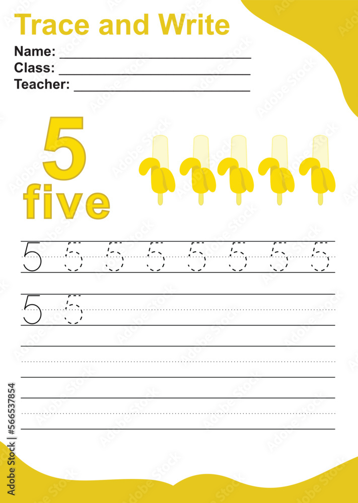 Number five tracing practice worksheet with five banana stick ice cream ...