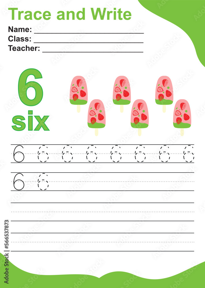 Number six tracing practice worksheet with six strawberry stick ice ...