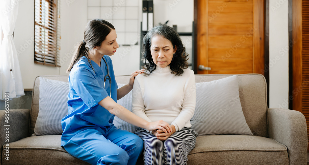 Psychology, depression. Suffering asian old woman, consulting with ...