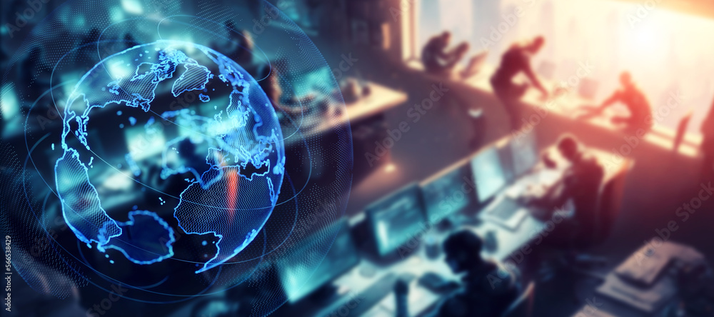 Group of people in the office and global network concept. Wide angle ...