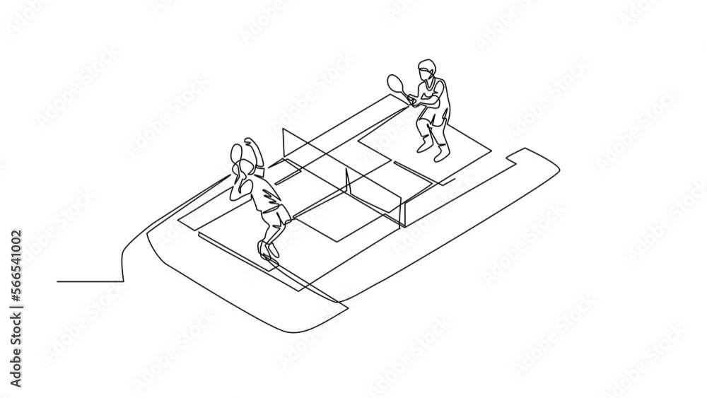 Self drawing animation of single line draw tennis court with players on ...
